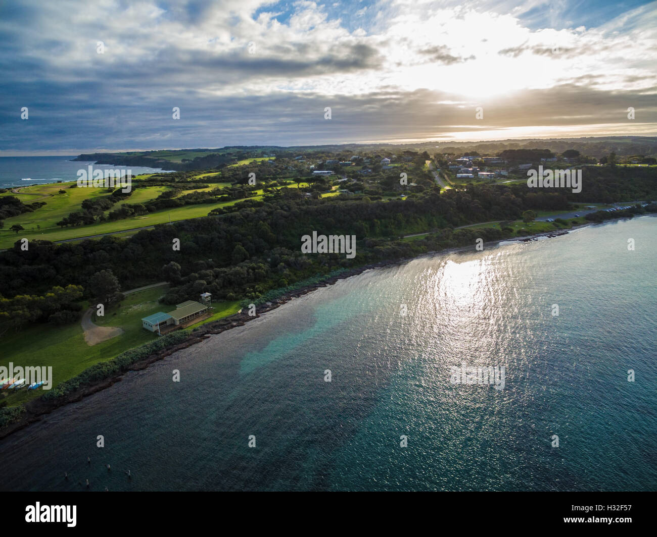 Aerial view of Flinders foreshore at sunset. Mornington Peninsula ...