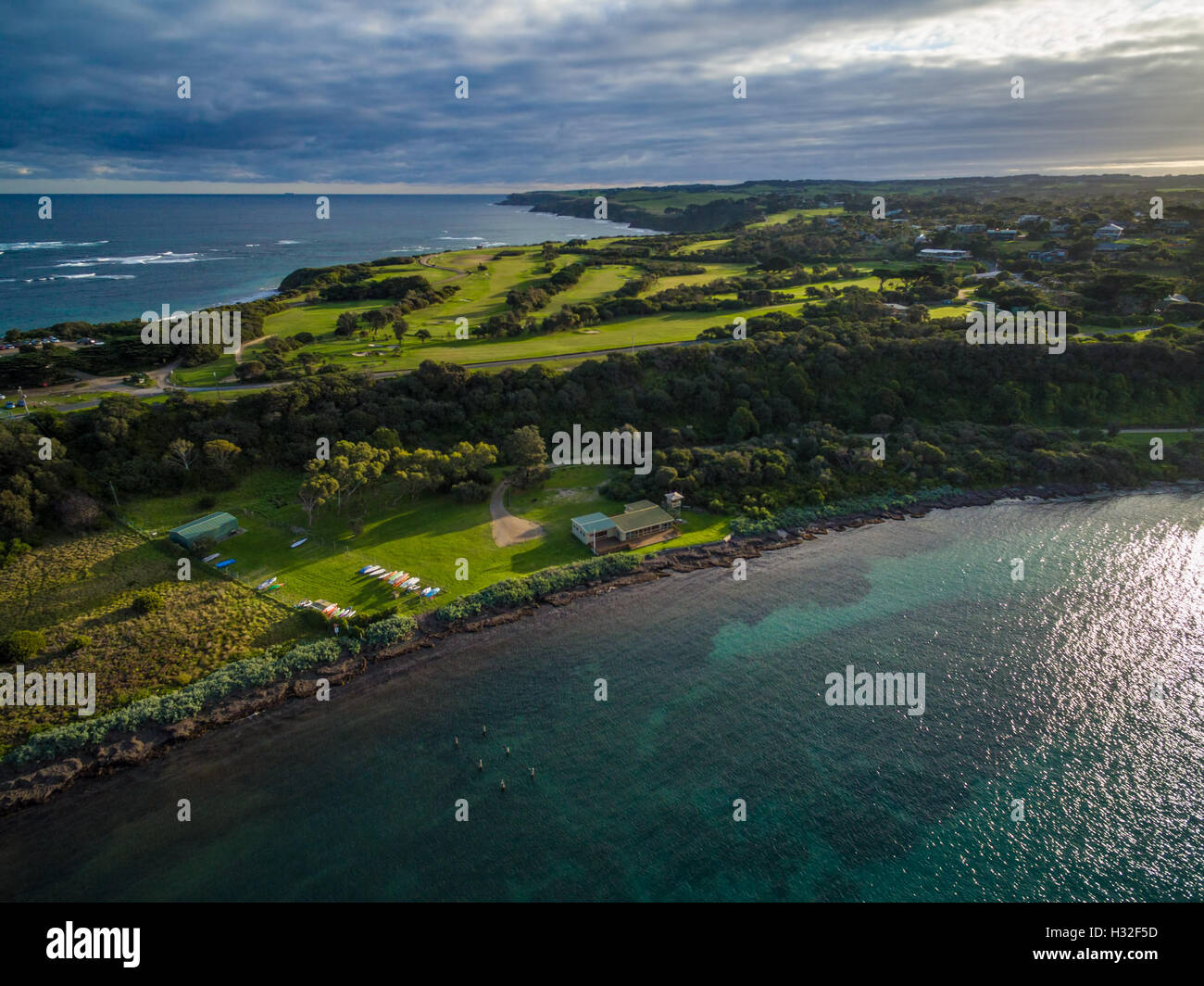 Aerial view of Flinders foreshore at sunset. Mornington Peninsula ...