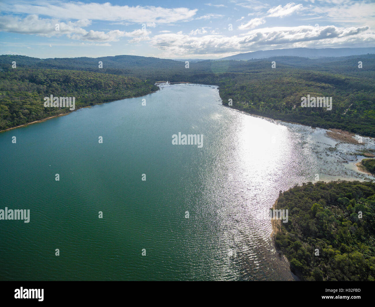 Aerial view of Lysterfield lake with surrounding forest. Melbourne ...