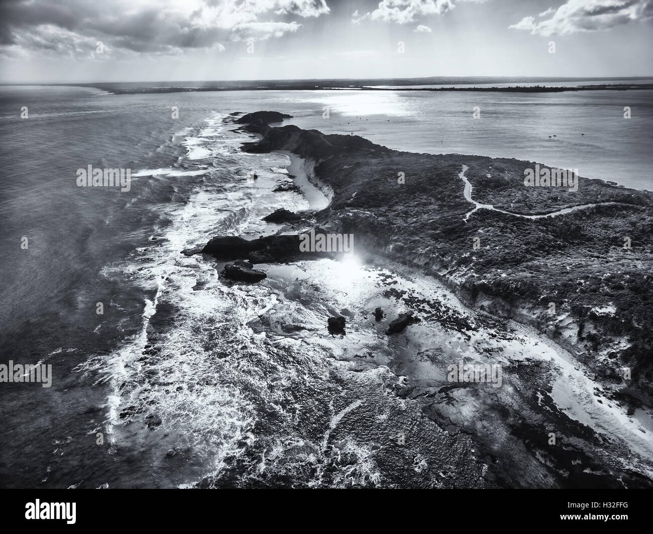 Aerial view of the tip of Mornington Peninsula. Black and white image ...