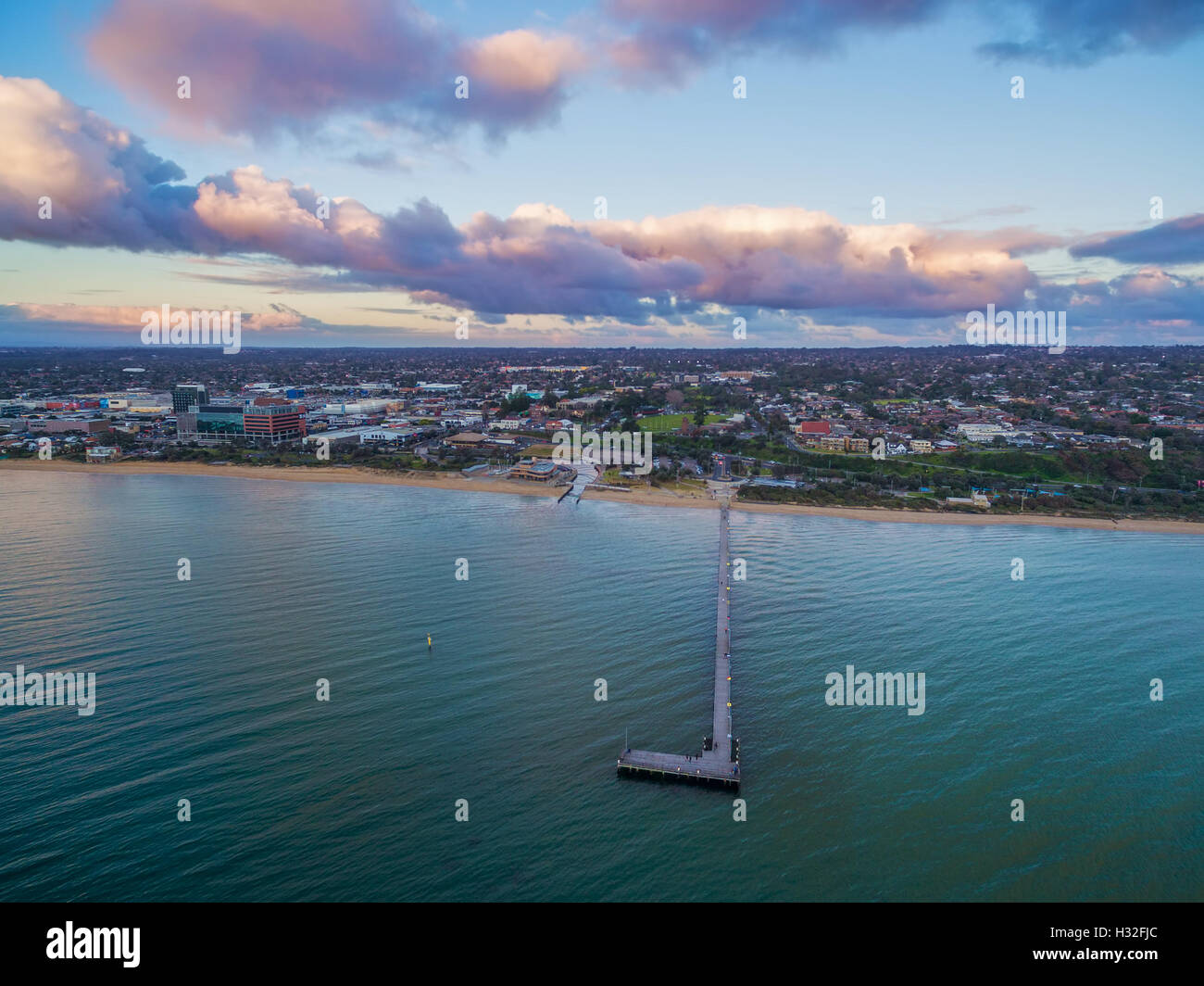 Aerial view of Frankston Pier and suburb at sunset. Melbourne, Victoria ...
