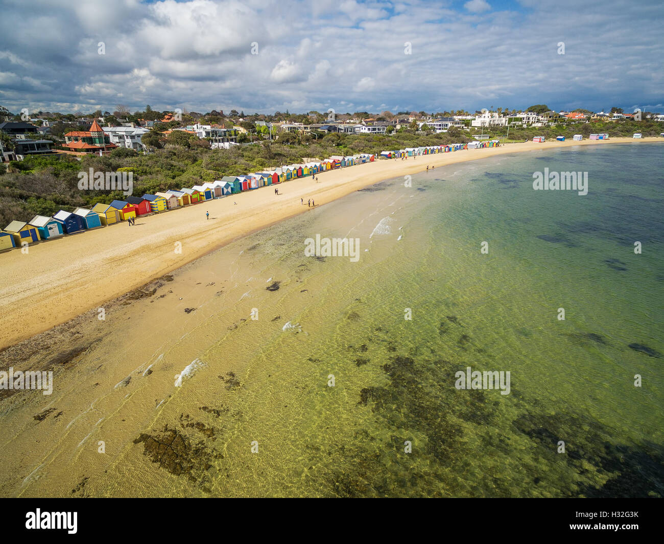 Aerial view of Brighton Beach bathing boxes on a bright sunny day ...