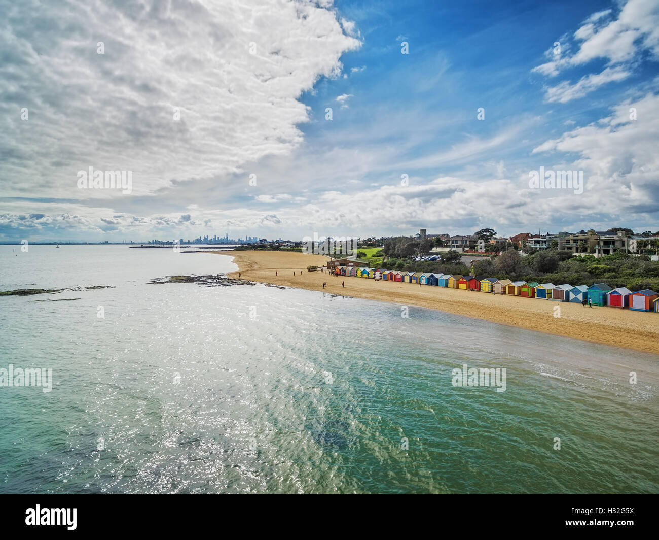 Aerial view of Brighton Beach bathing huts on a bright sunny day ...
