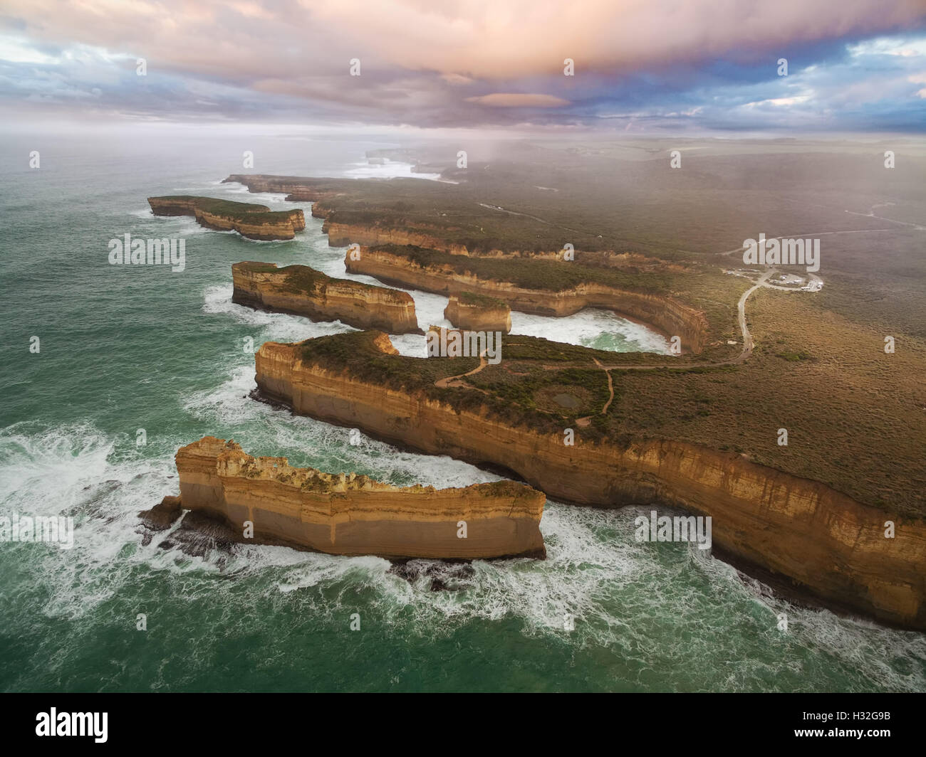 Aerial view of the Razorback rock formation and rugged ocean coastline ...