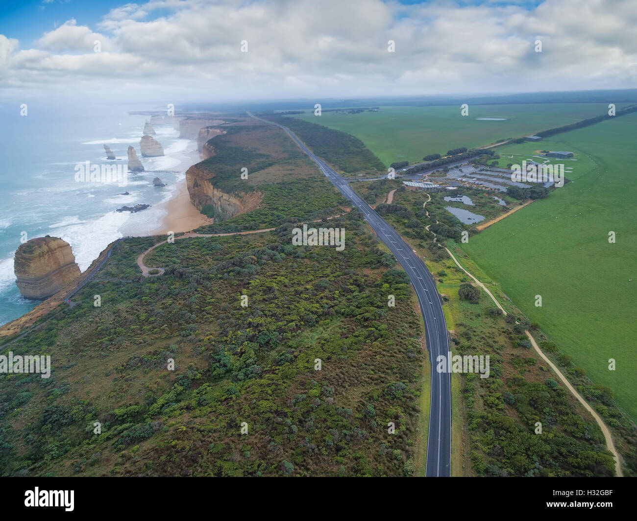 Aerial view of the Great Ocean Road, Twelve Apostles, and Visitor ...