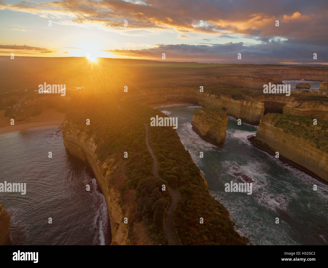 Aerial view of Loch Ard Gorge at sunrise. Great Ocean Road, Victoria ...