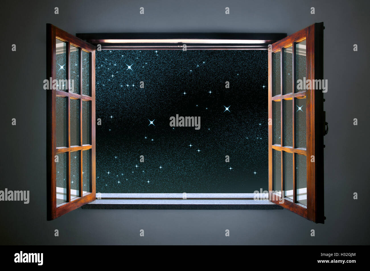 Room window wide open to a calm and clear starry night sky Stock Photo ...