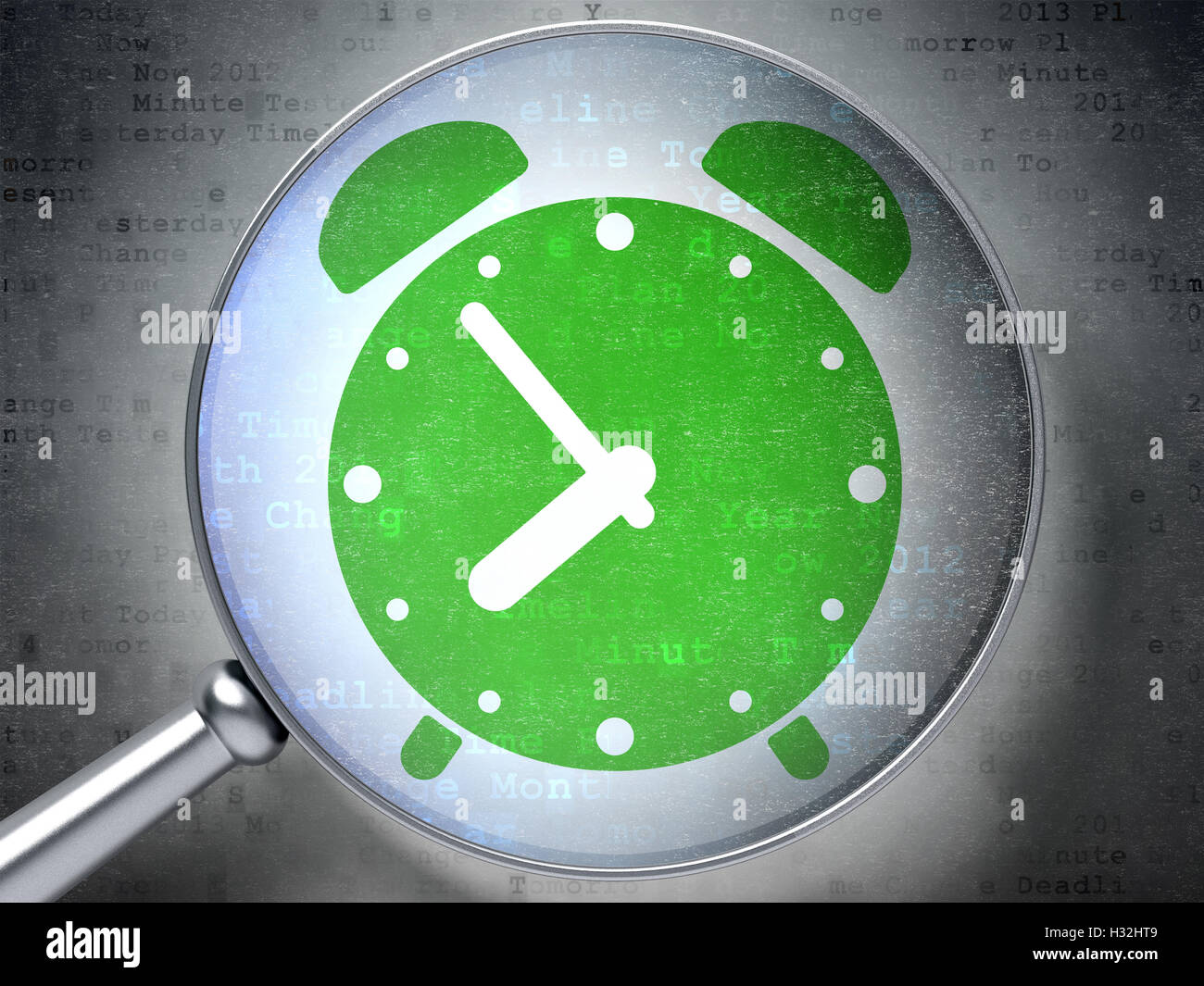 Timeline concept: Alarm Clock with optical glass on digital background ...