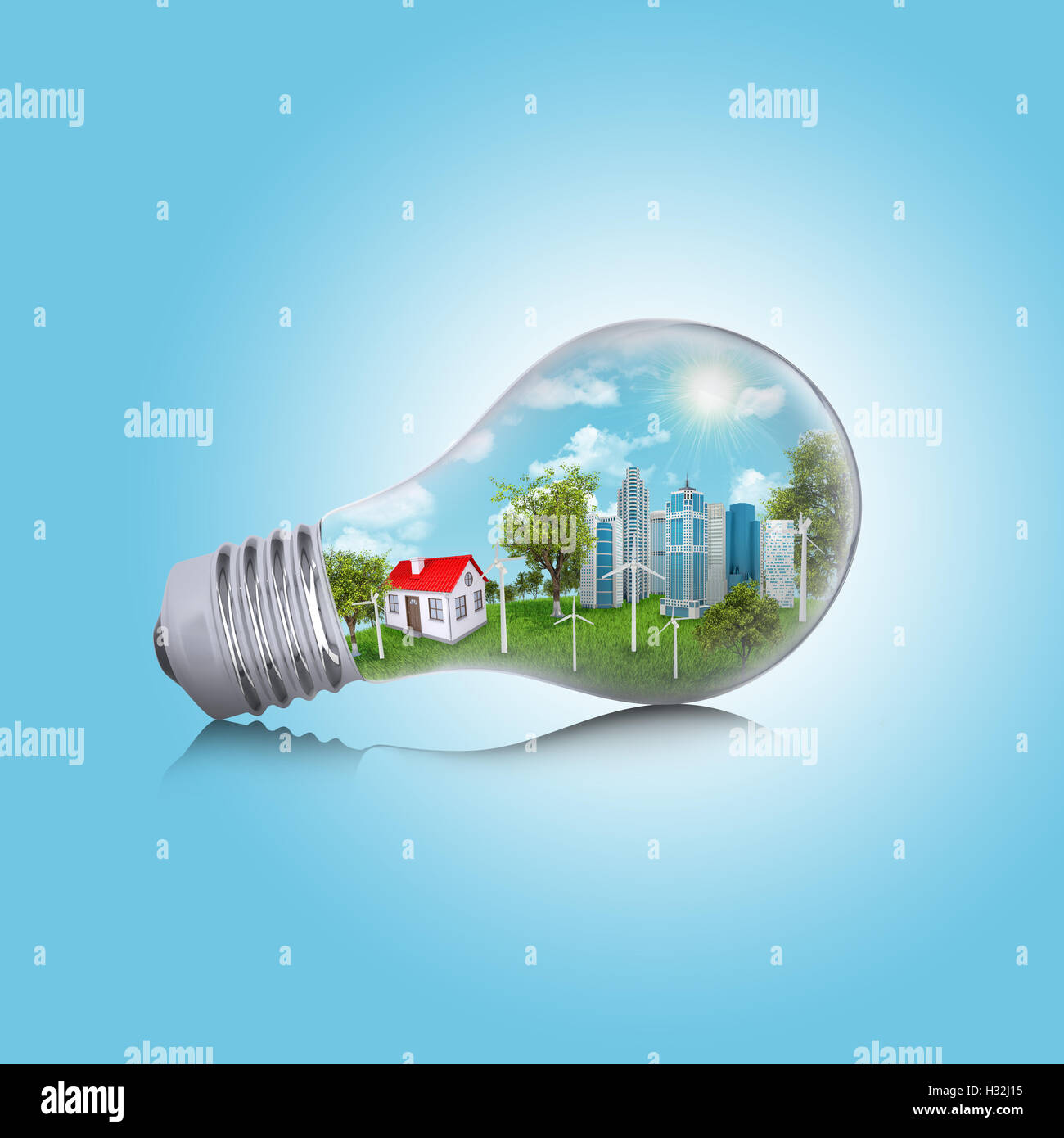 Skyscrapers and house in the light bulb Stock Photo - Alamy