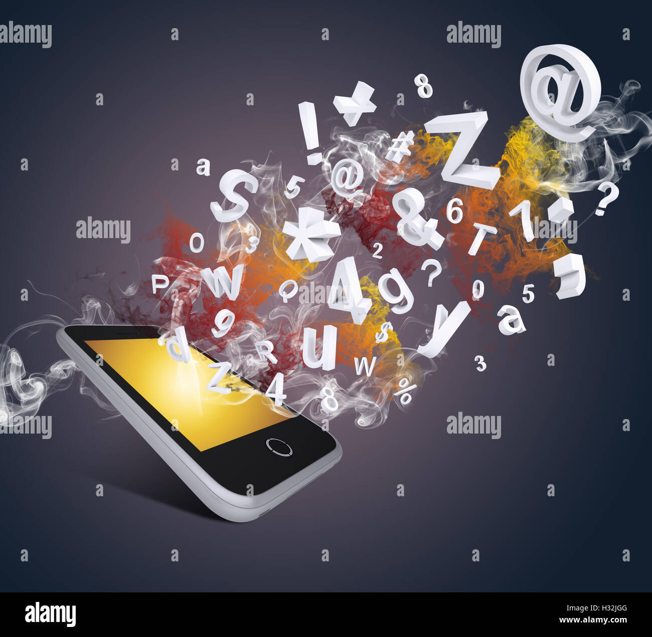 Smart phone emits letters, numbers and smoke Stock Photo - Alamy