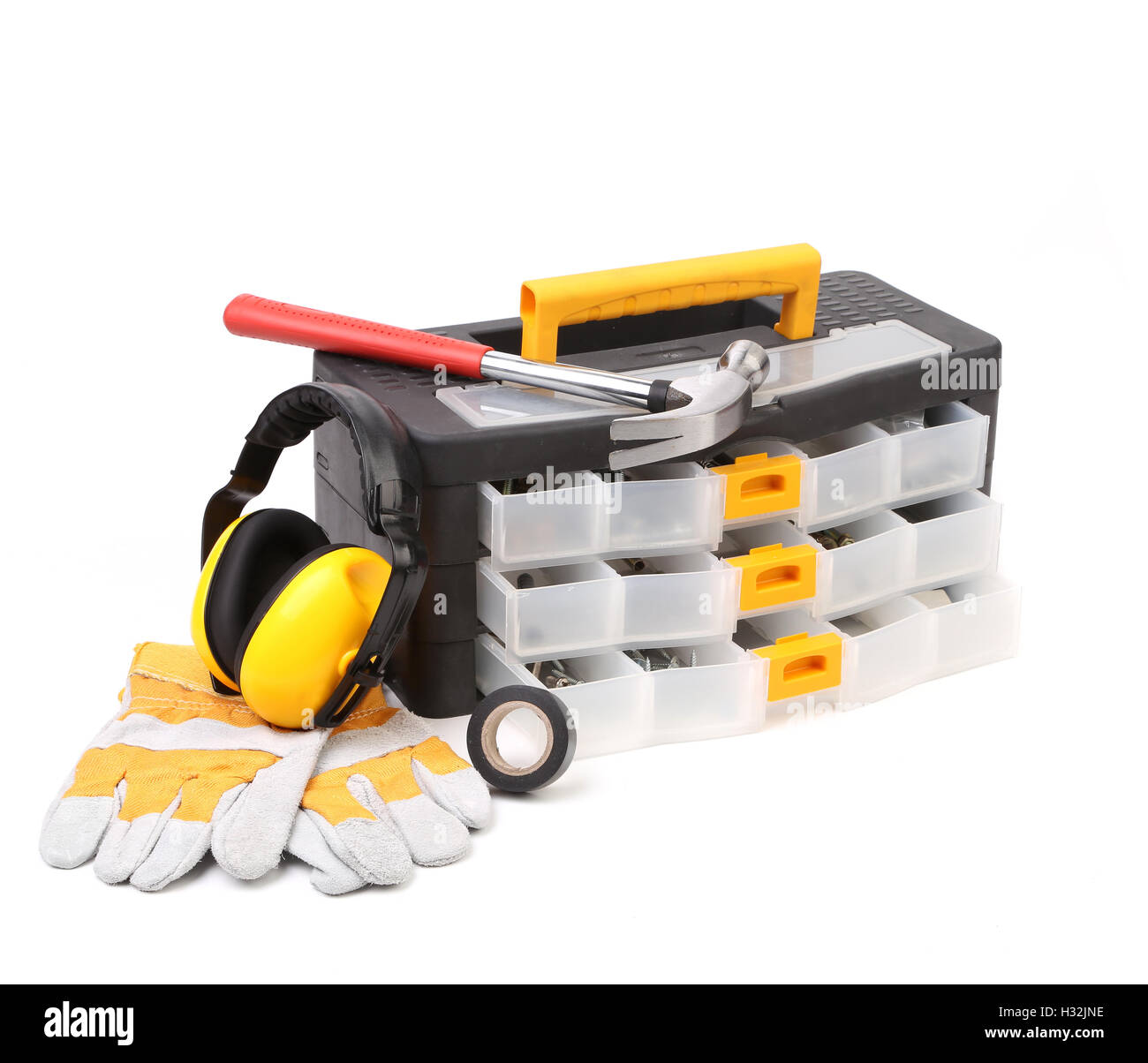 Tool box gloves and hammer Stock Photo - Alamy
