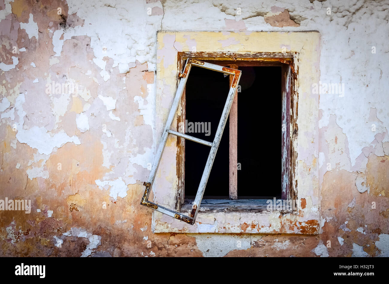 Detail of old damaged window and textured cracked wall Stock Photo - Alamy