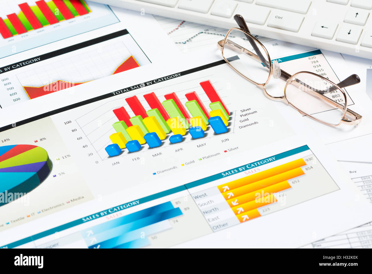 glasses, business papers with charts Stock Photo - Alamy
