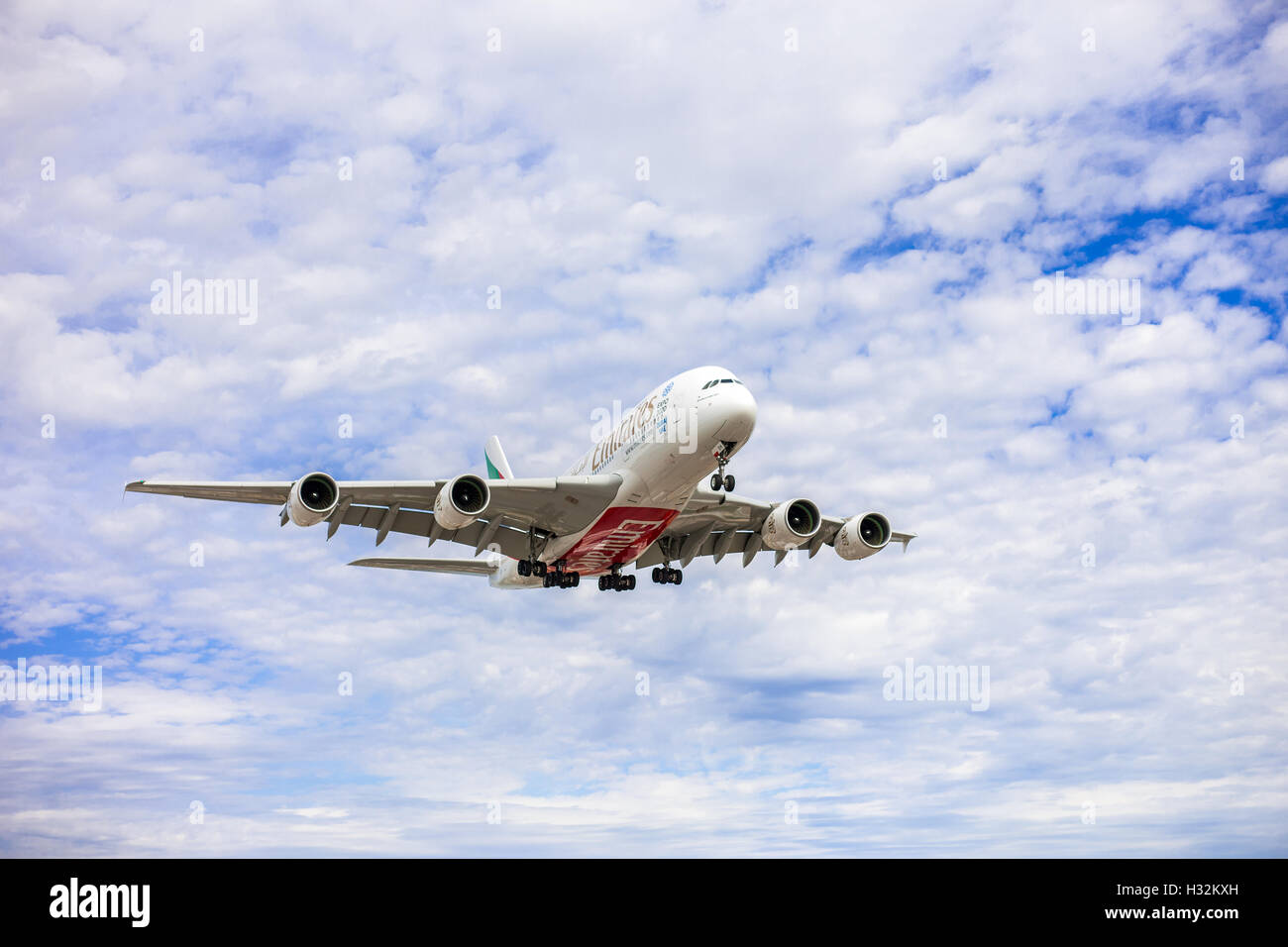 An Emirates Airbus A380-800 "Double Decker" airliner on final approach ...
