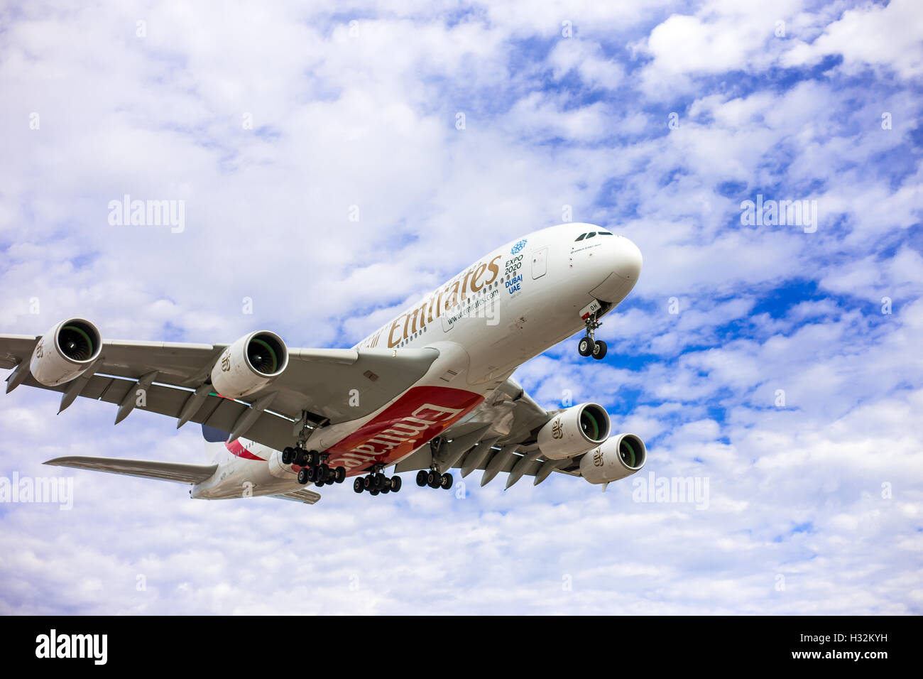 An Emirates Airbus A380-800 "Double Decker" airliner on final approach ...