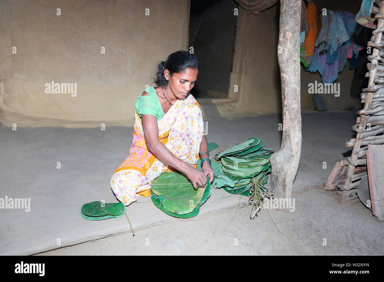 Woman making leaf bowls, KOYA TRIBE, Mendilekha village, Taluka Dhanora ...