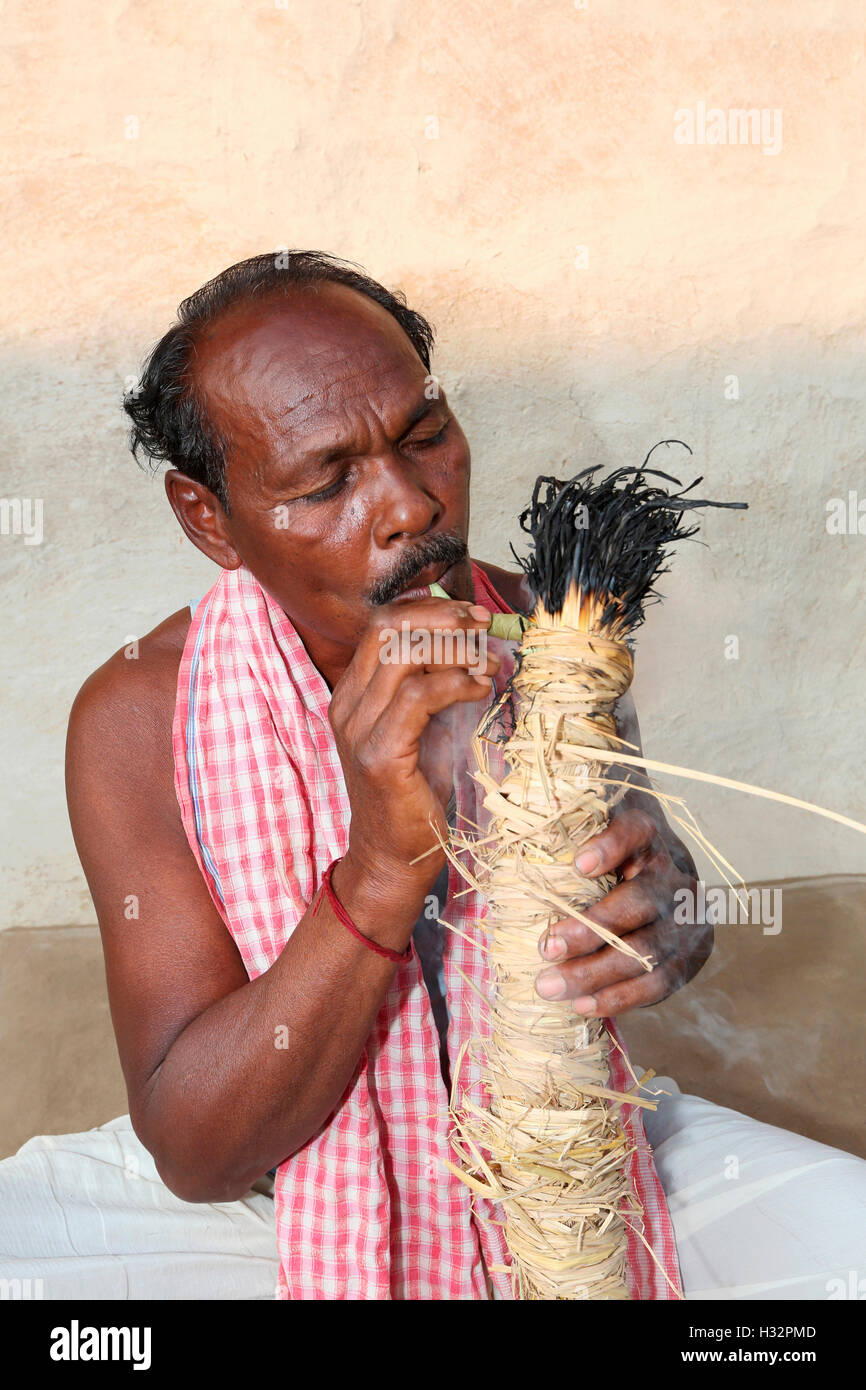 Tribal man smoking Bidi, SAWAR TRIBE, Akashkhar Village, Saraipali ...