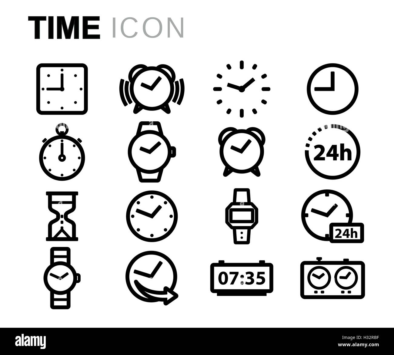 Vector black line time icons set on white background Stock Vector Image ...