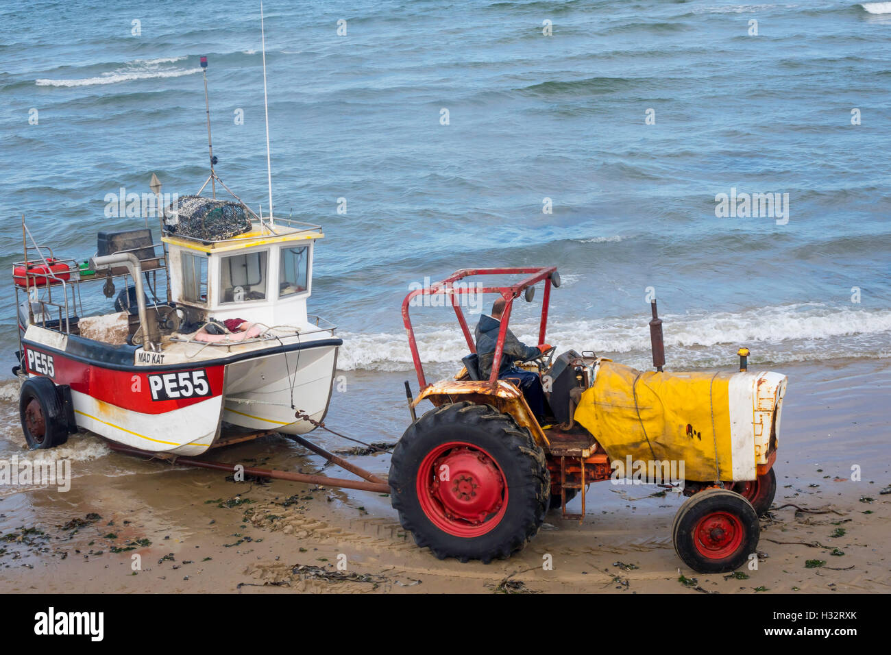 Fisherman driving a tractor hauling his boat PE55 Mad Kat out of the ...