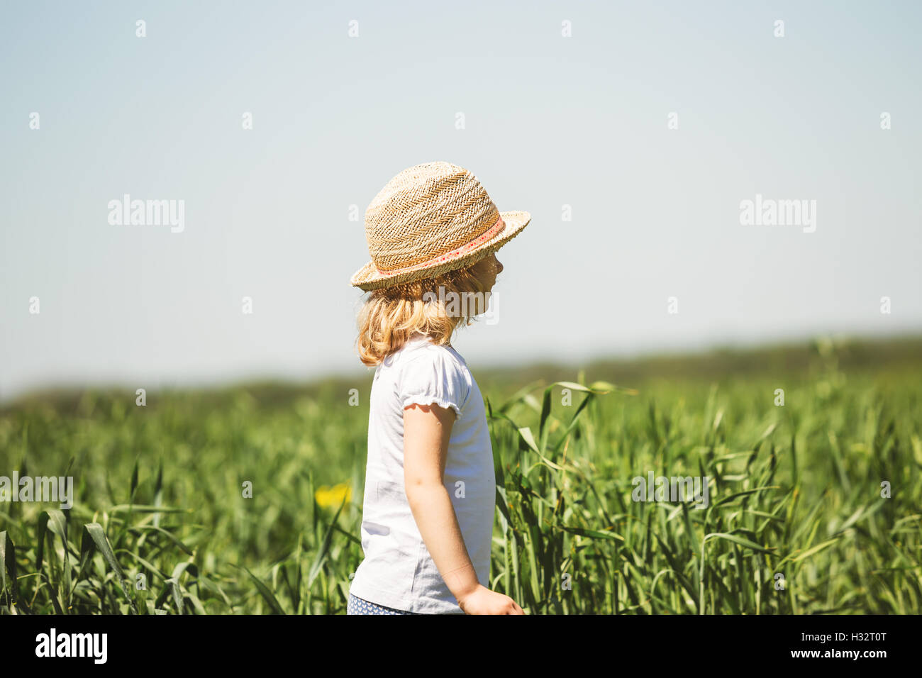 Little girl in straw hat walking through field, summer outdoor Stock ...