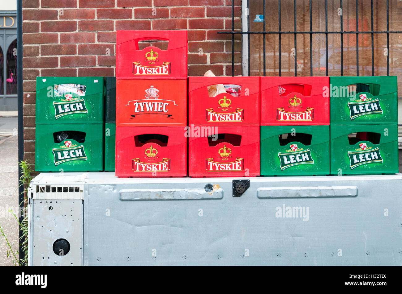 Crates of empty Polish beer bottles outside an Eastern European ...