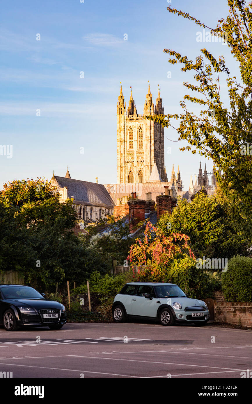 Bell Harry tower of Canterbury Cathedral in the low morning light seen ...