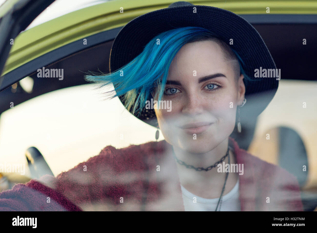 Creative person portrait in car Stock Photo - Alamy