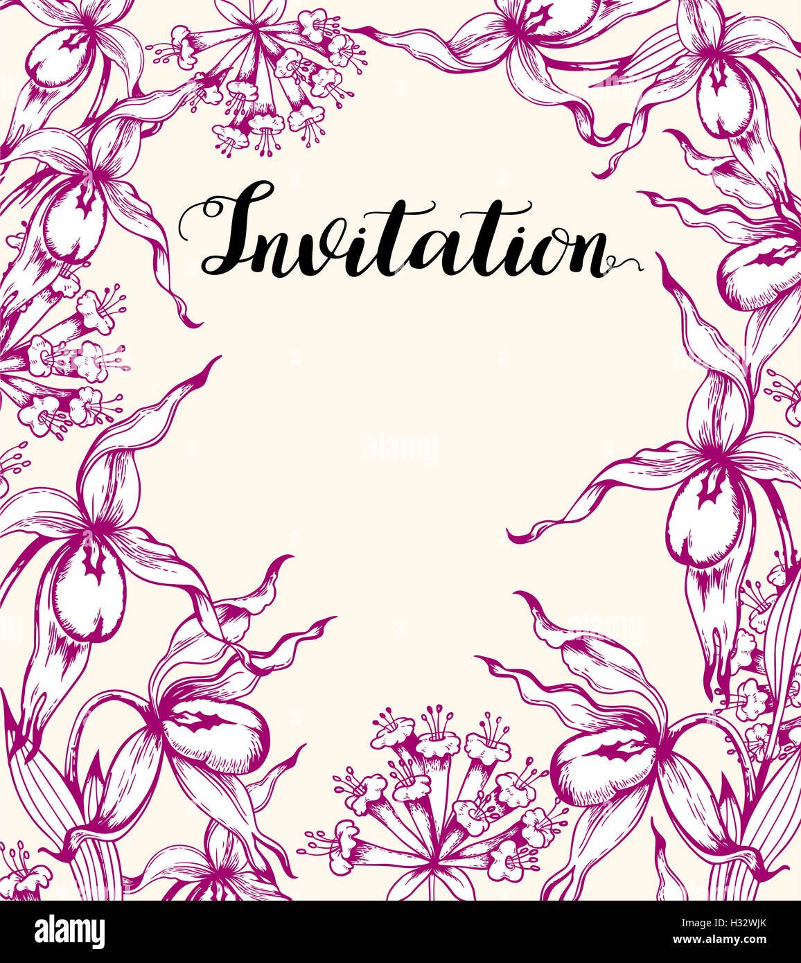 Vintage hand drawn floral frame with orchids. Retro floral background ...
