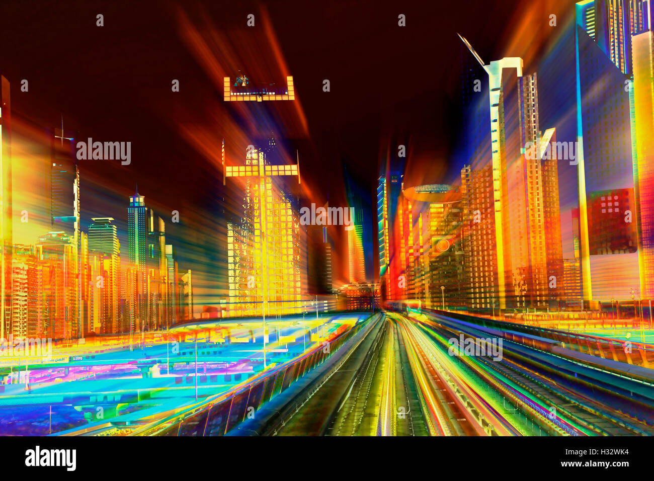 Abstract photo of Metro and illuminated buildings in the night Stock ...