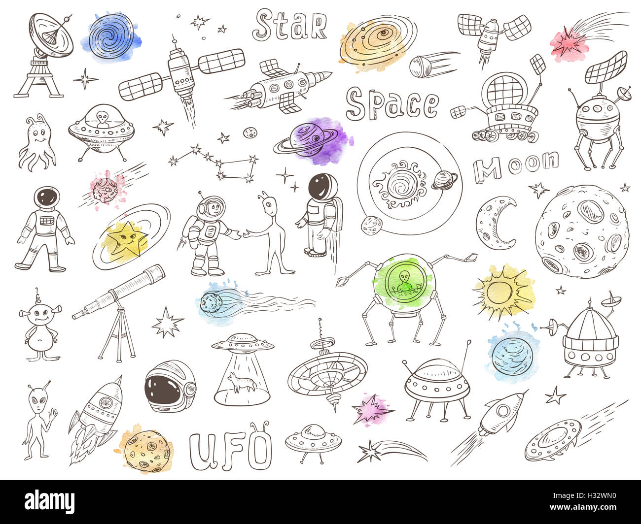 Set of hand drawn space doodles Stock Photo - Alamy