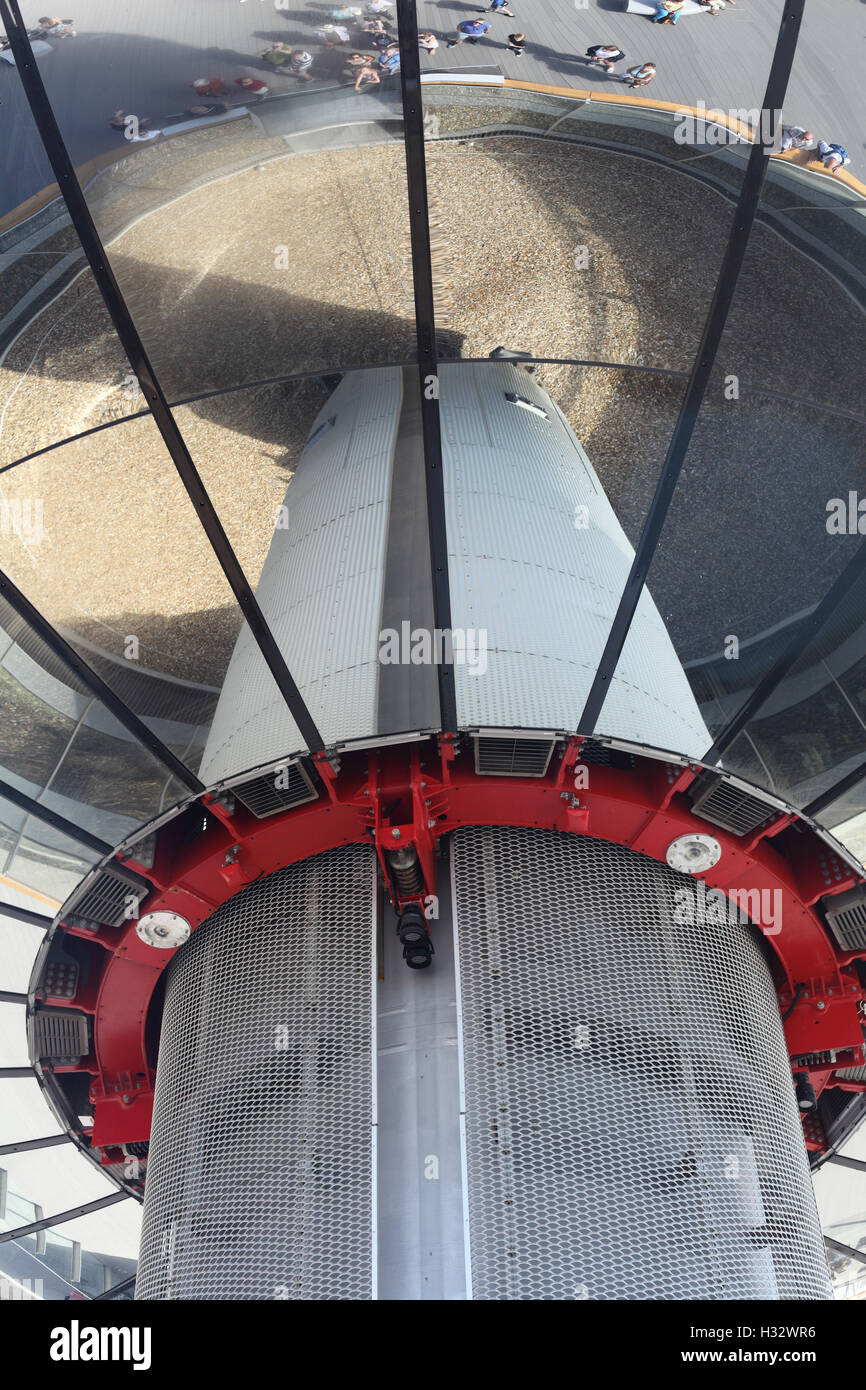 Close-up of the i360 pod coming down the shaft, Brighton, Sussex, UK ...