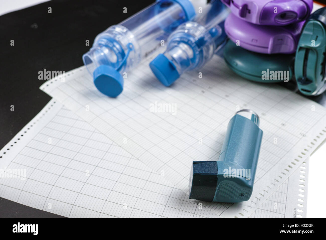 Asthma relief concept, salbutamol inhalers, aerosol medication and ...