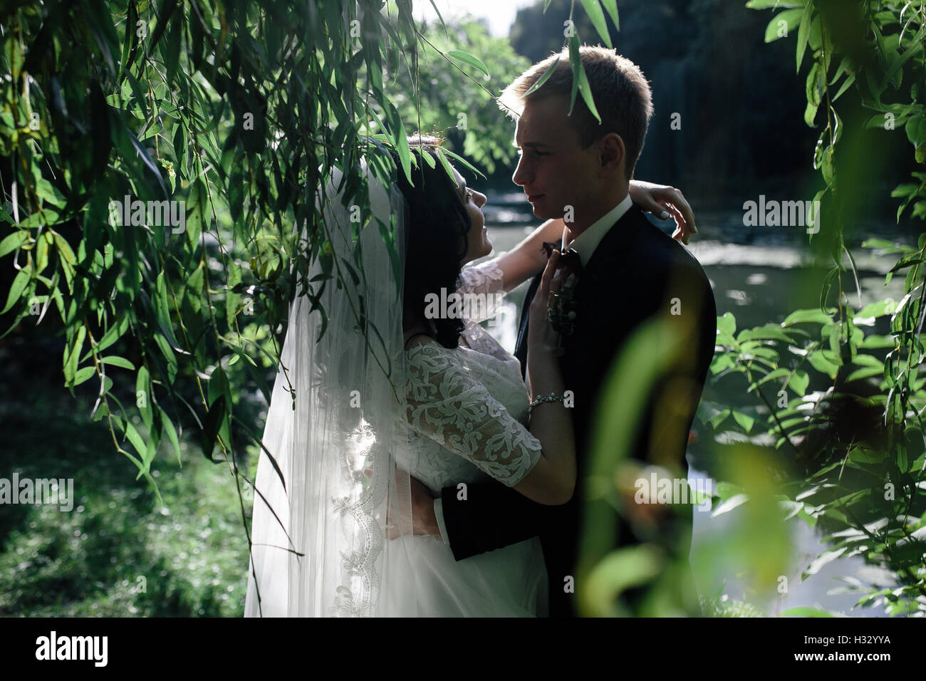 Beautiful wedding couple hugging in the park Stock Photo - Alamy