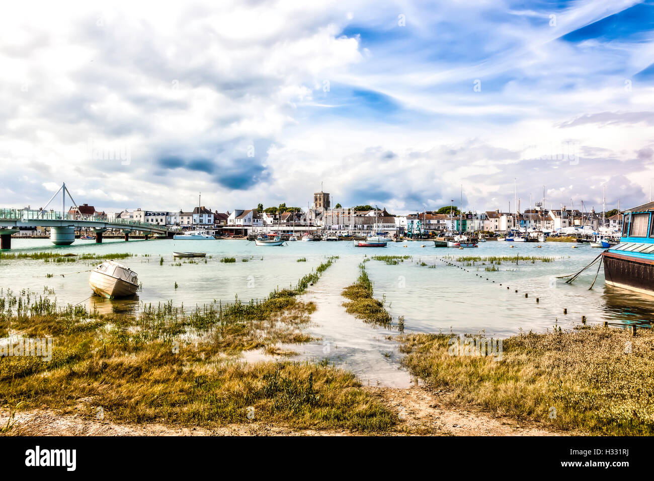 The town of Shoreham-by-Sea, West Sussex, photographed over the water ...