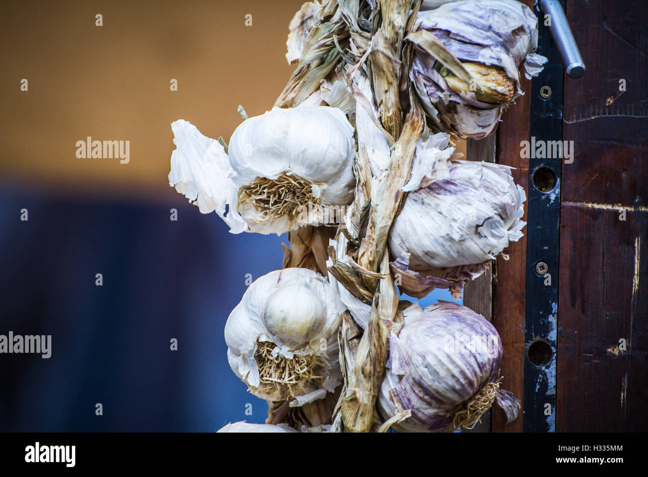 lot of garlic in a medieval fair, kitchen condiments Stock Photo - Alamy