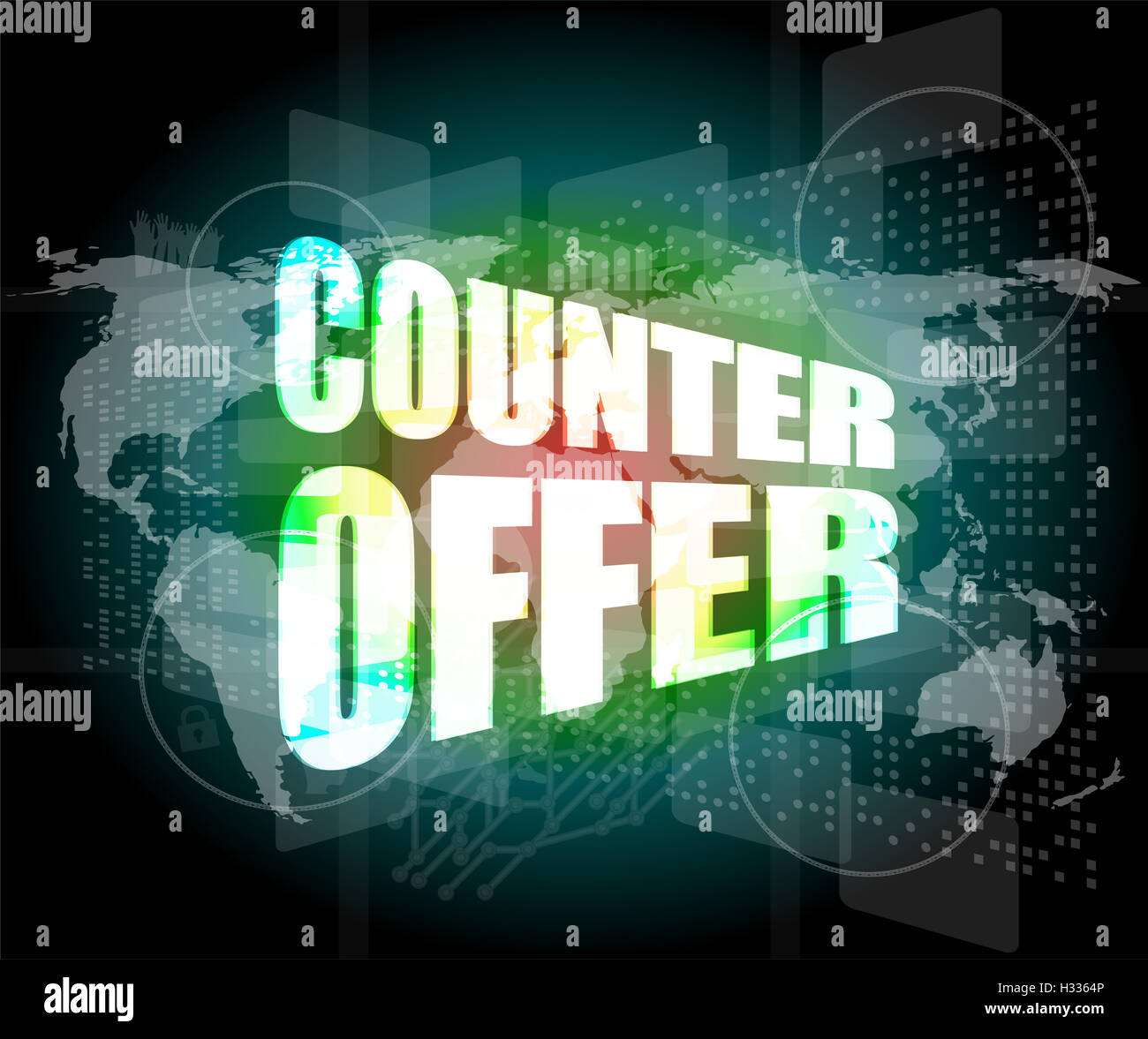 counter offer words on digital screen background with world map Stock ...