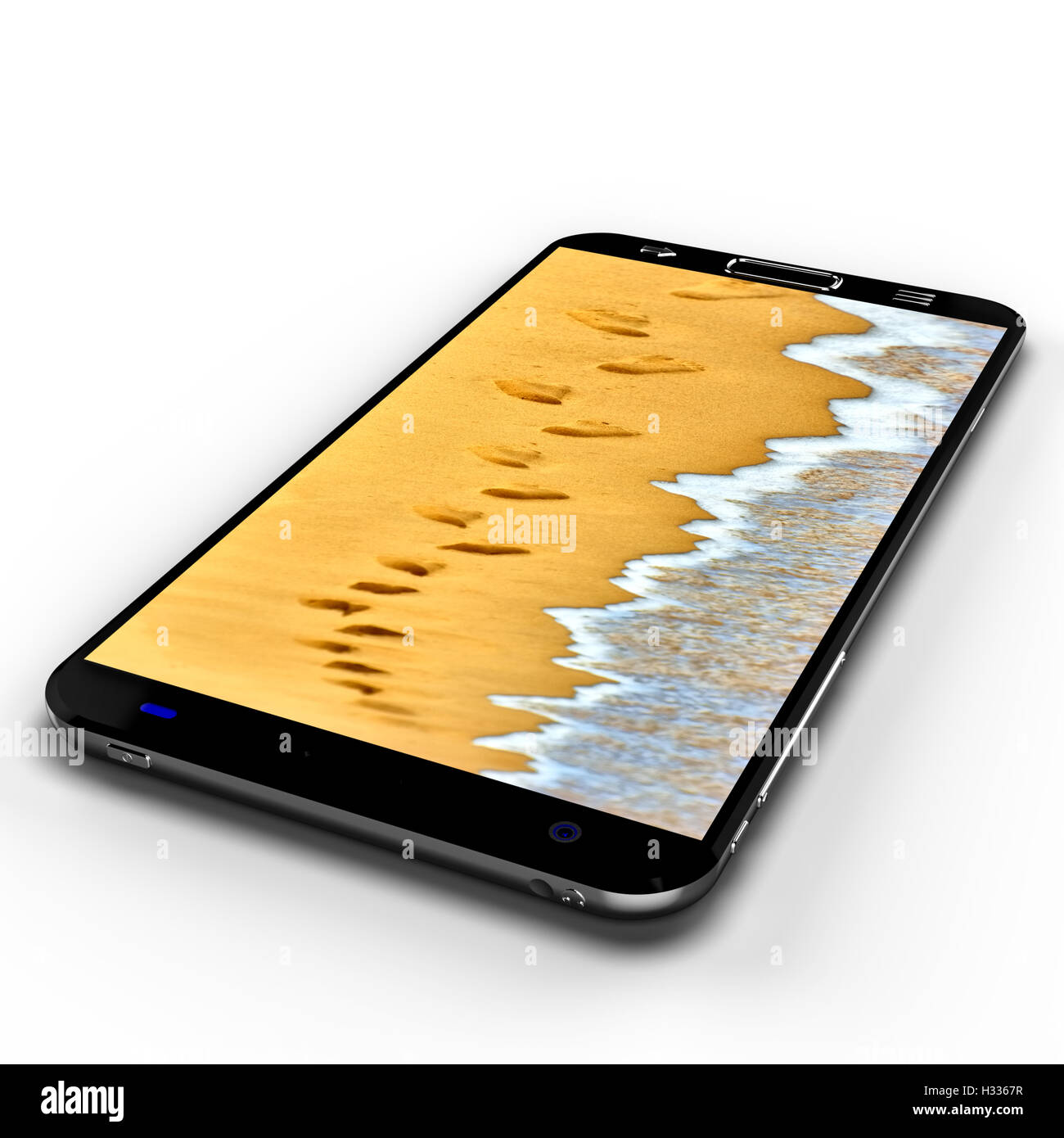 phone with sea wave and footprints on sand beach Stock Photo - Alamy