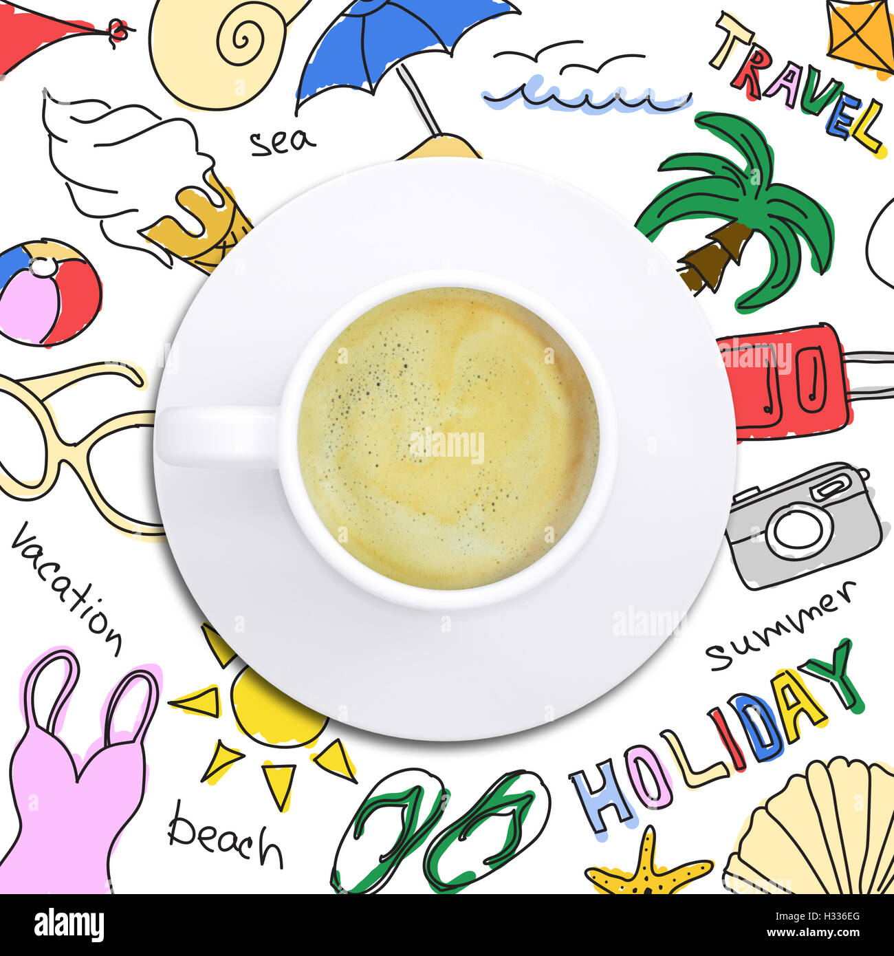 Colored summer sketches around cup of coffee Stock Photo - Alamy