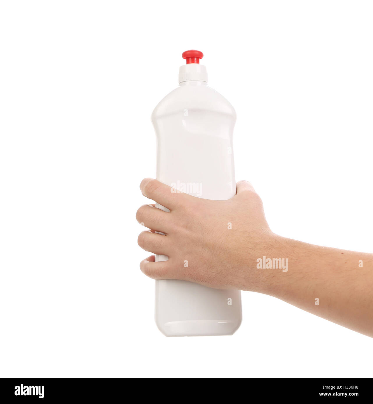Hand holding white plastic bottle Stock Photo - Alamy