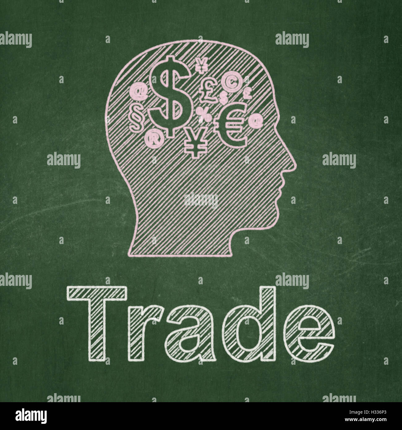 Finance concept: Head With Finance Symbol and Trade on chalkboard ...