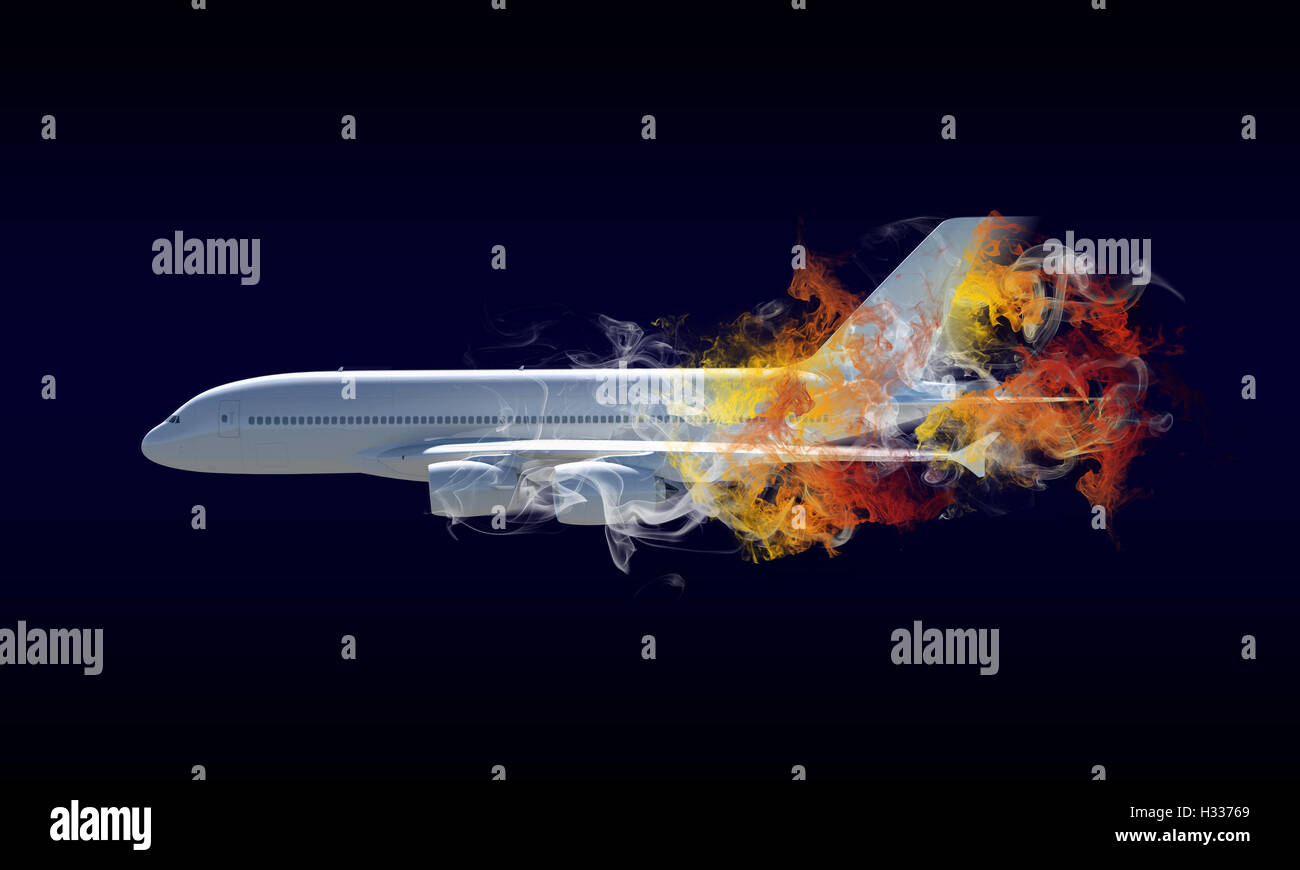 Passenger airplane in the colored smoke Stock Photo - Alamy