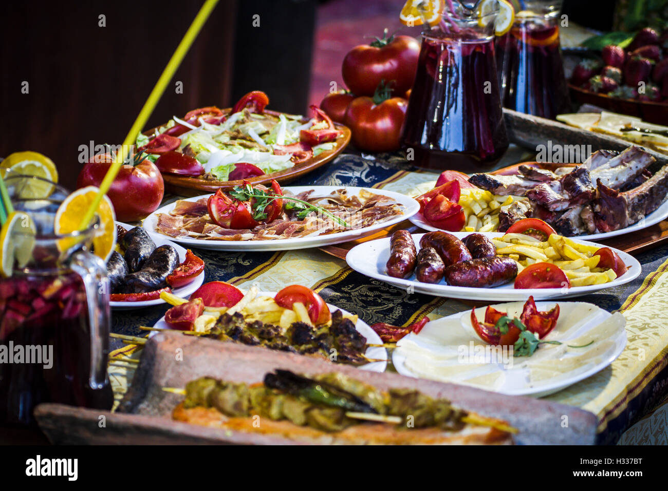 Mediterranean food plates, European cuisine, medieval fair in Sp Stock ...