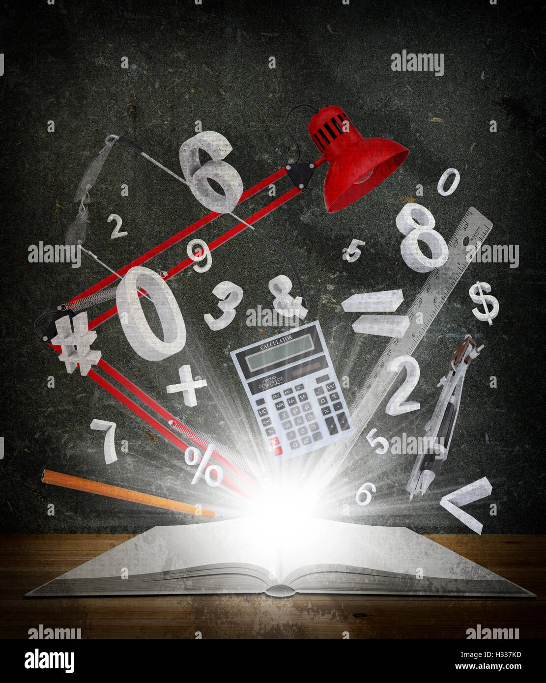 From the open book emitted office objects Stock Photo - Alamy