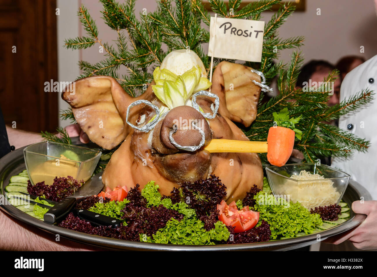 Boiled pig's head is served on a tray, Sylvester, Lower Austria ...
