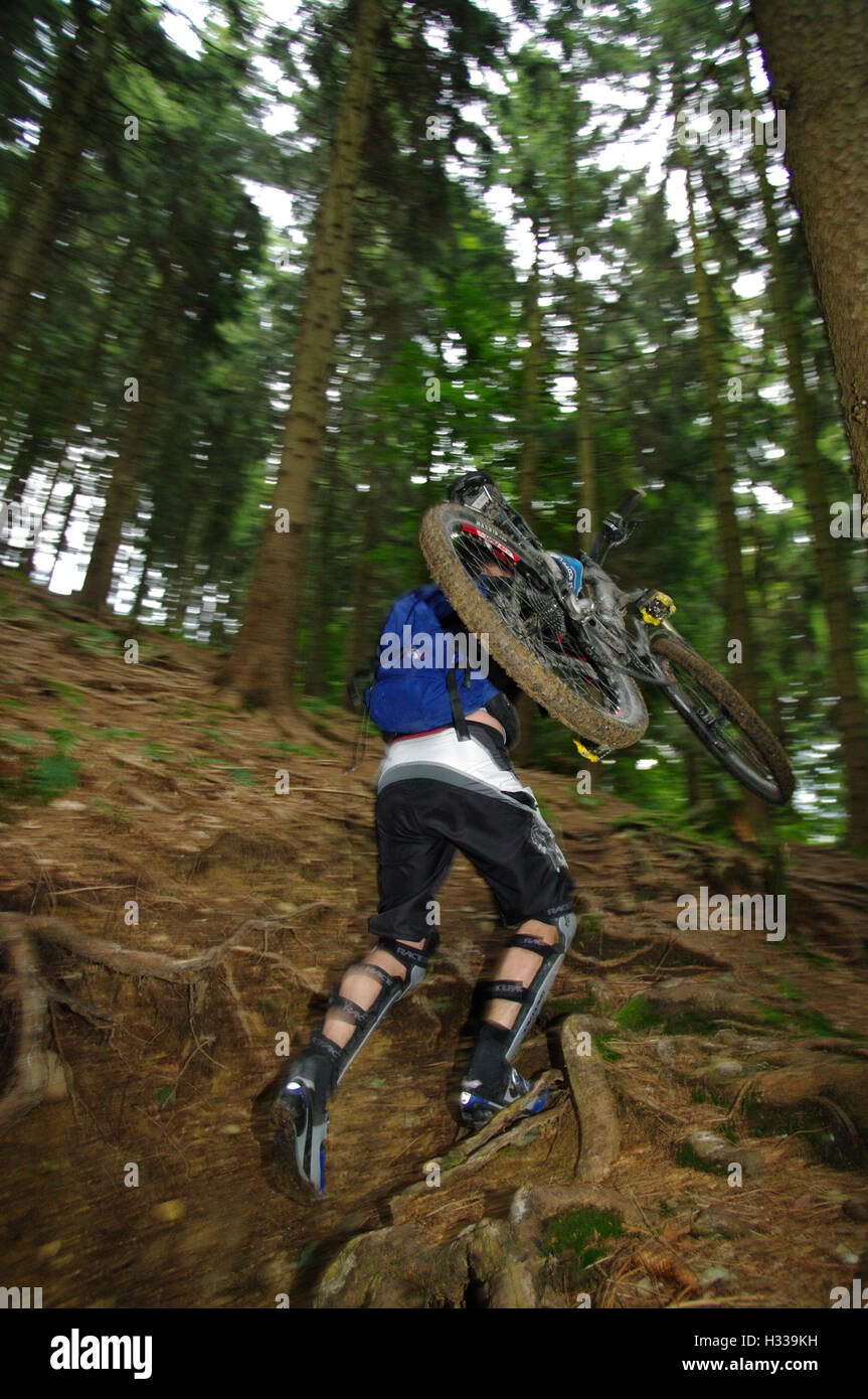 Downhill mountain biker riding on a trail through a forest Stock Photo ...