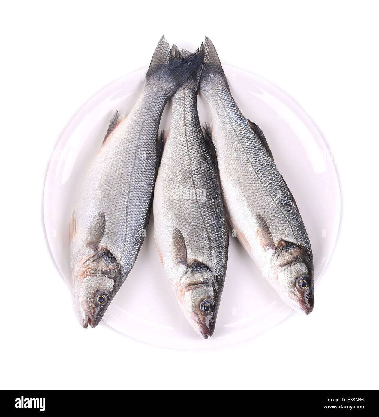 Three fresh seabass fish on plate Stock Photo - Alamy