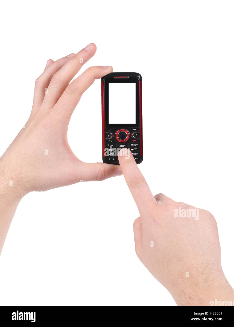 Hand holds red-black cell phone Stock Photo - Alamy