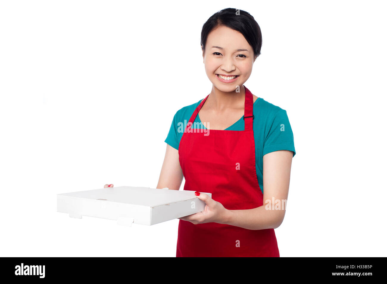 Female chef holding white pizza box Stock Photo - Alamy