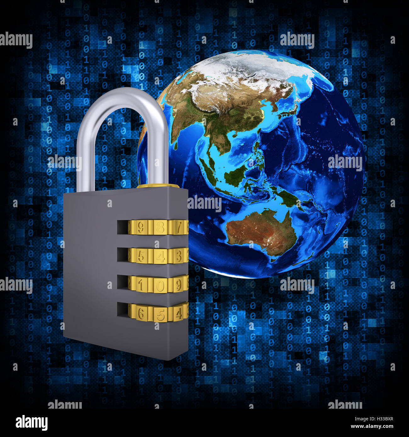 Binary code and Earth with combination lock Stock Photo - Alamy