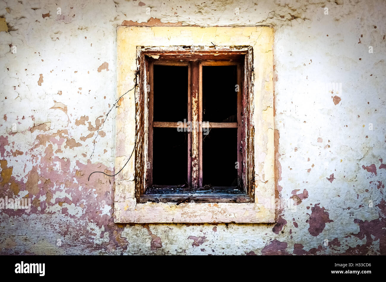 Old damaged window on textured wall Stock Photo - Alamy
